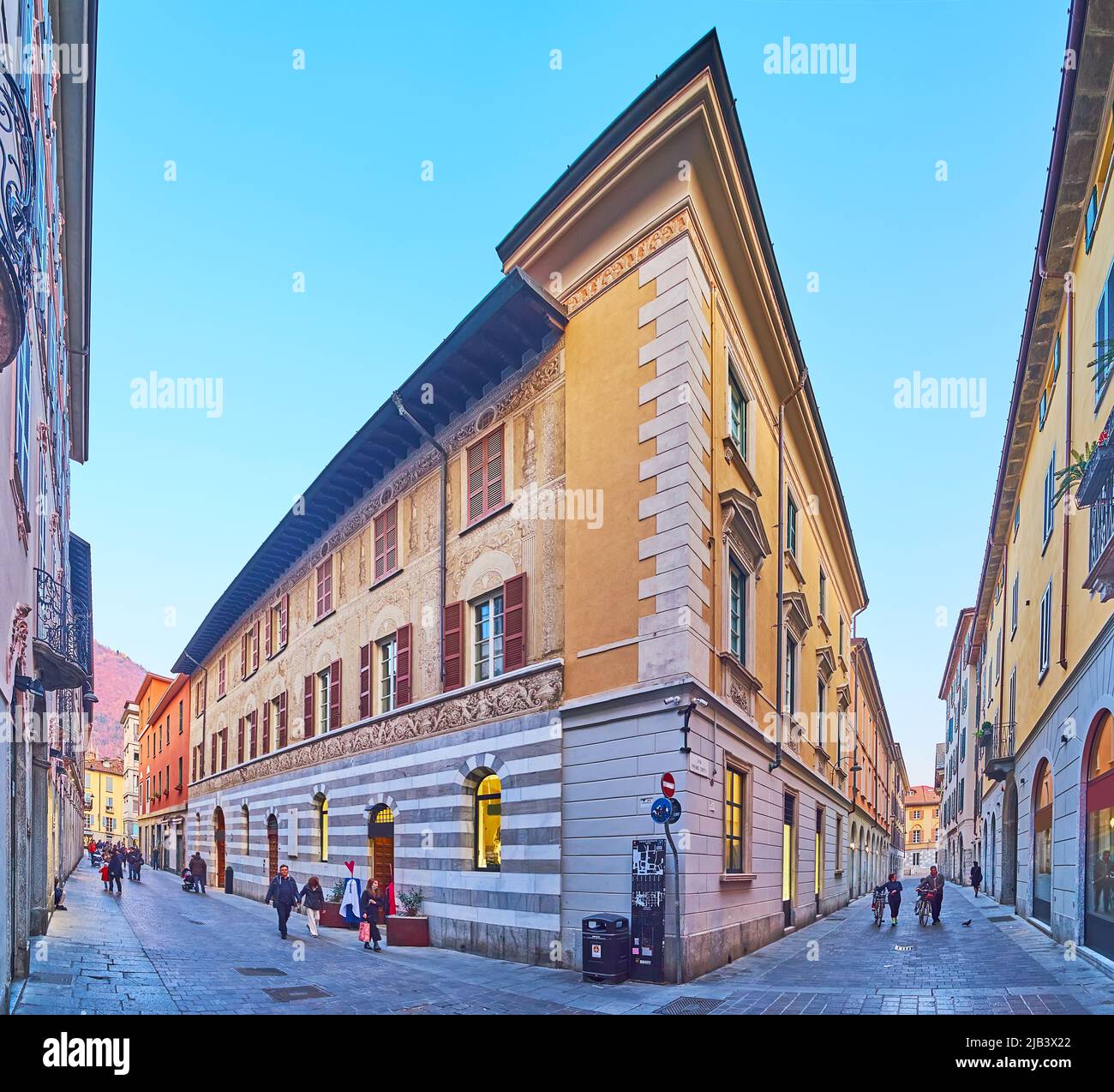 COMO, ITALY - MARCH 20, 2022: Historic frescoed house on the corner of ...