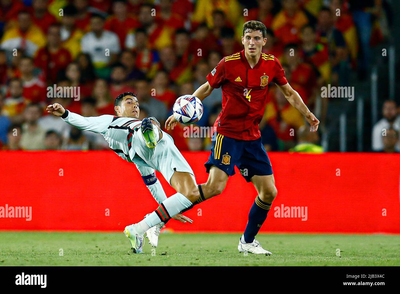 Cristiano Ronaldo of Portugal and Pau Torres of Spain during the UEFA ...