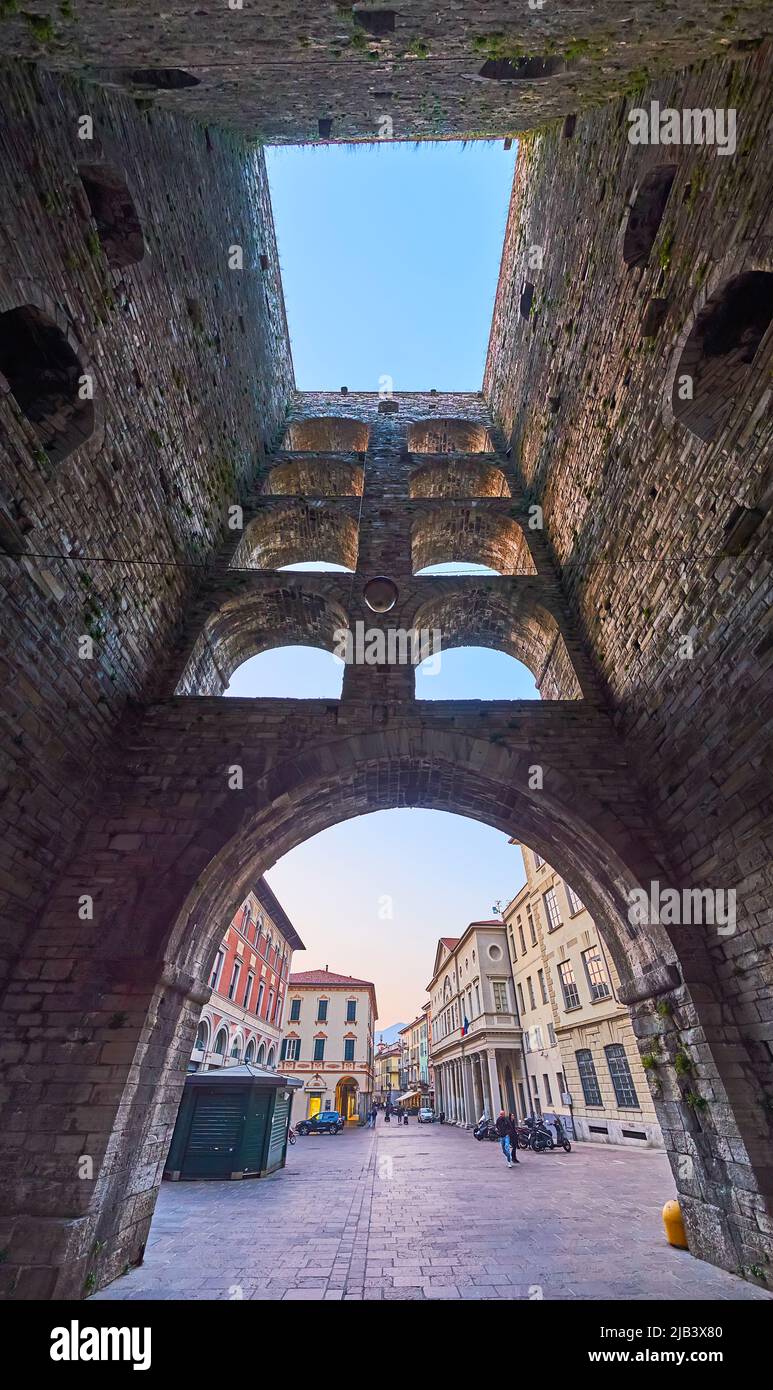 Panorama of the inner walls of medieval Porta Torre (Tower Gate), Como ...