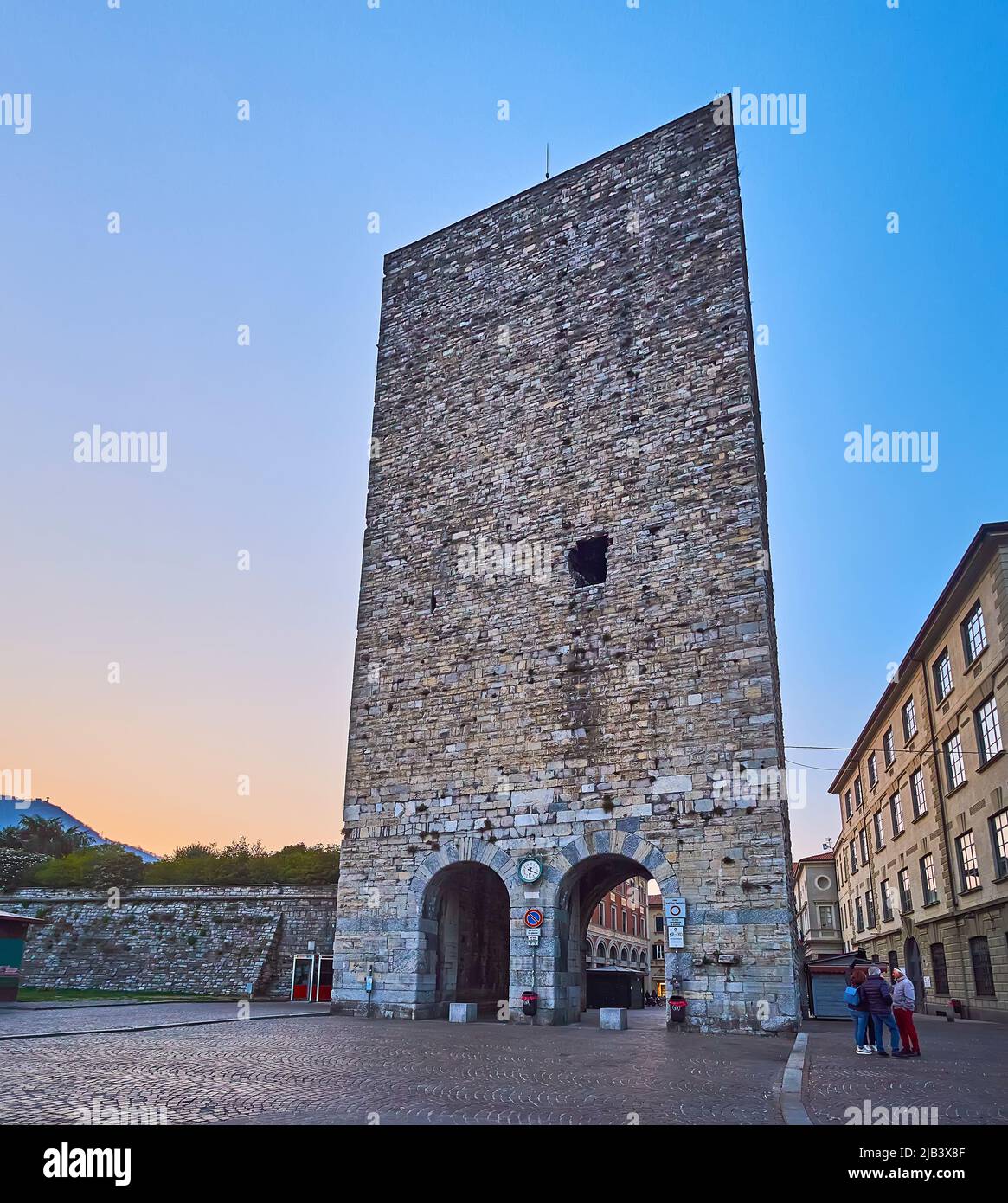 Exterior of medieval stone Porta Torre (Tower Gate) from the Piazza ...