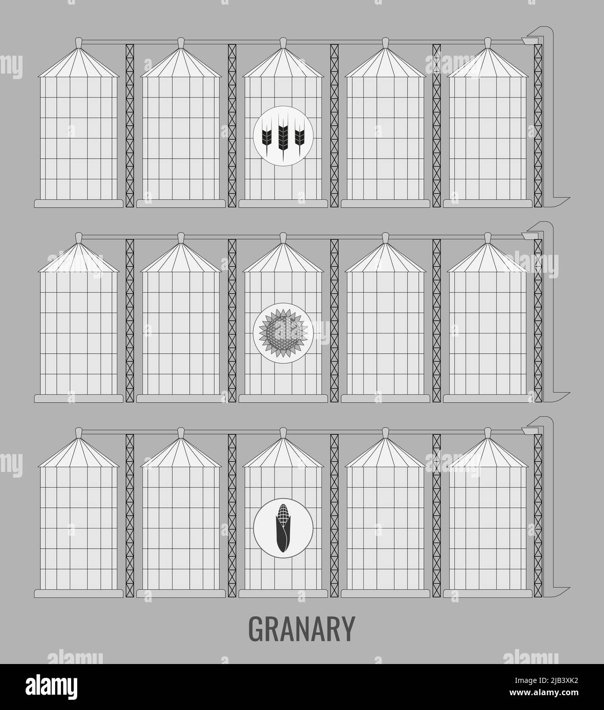 Creative illustration of an agricultural warehouse for a grain elevator ...