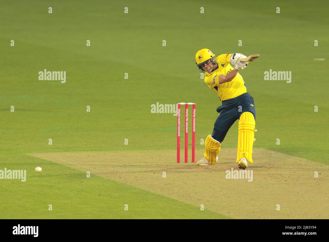 2 June, 2022. London, UK. Hampshire’s Nathan Ellis batting as Surrey ...