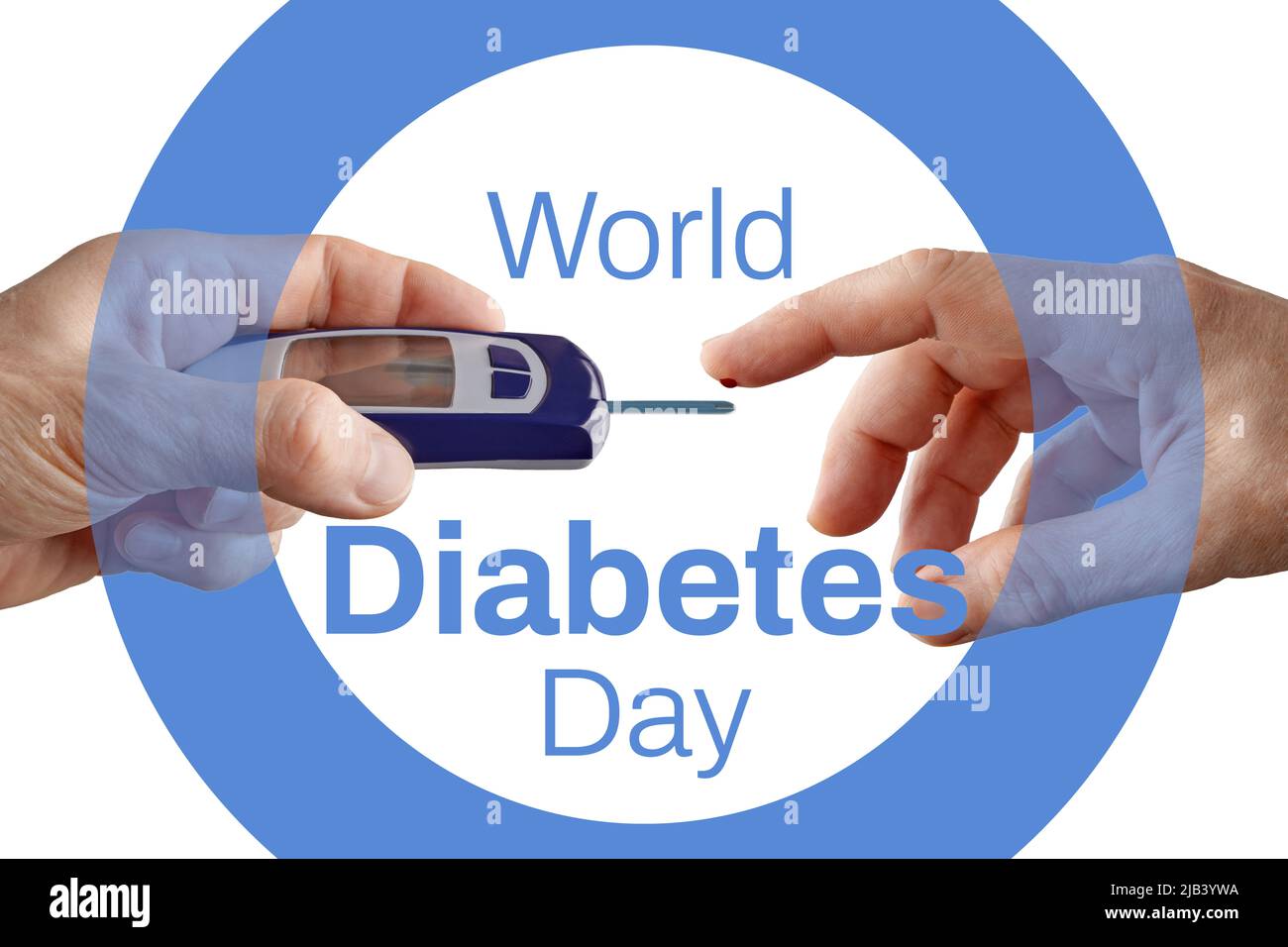 A finger with a drop of blood and a hand with a glucometer against the ...