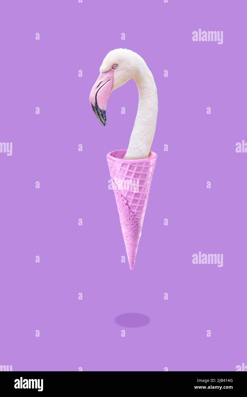 Pink flamingo in an ice cream waffle cone, a symbol of summer and ...