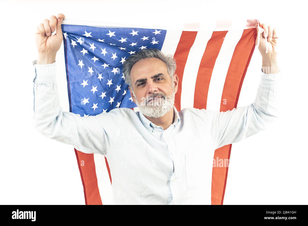 Proud nation concept. American adult man showing the importance of ...