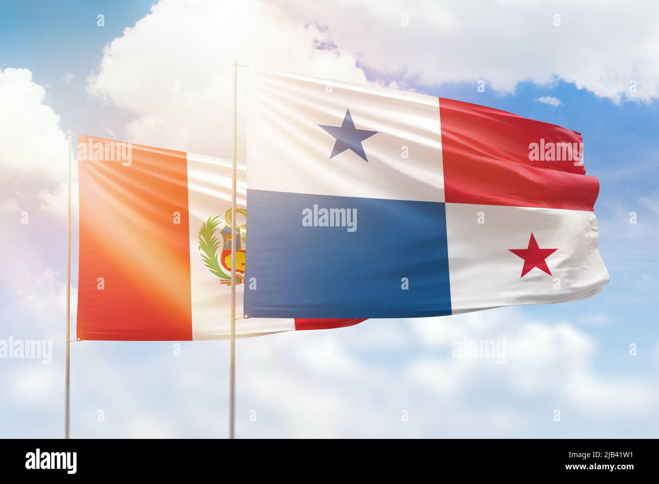 Sunny blue sky and flags of panama and peru Stock Photo - Alamy