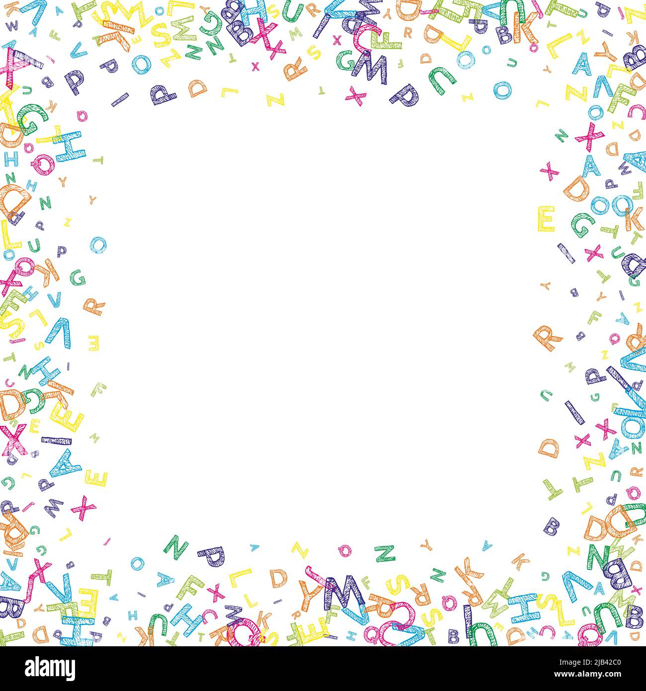 Falling letters of English language. Colorful messy sketch flying words ...