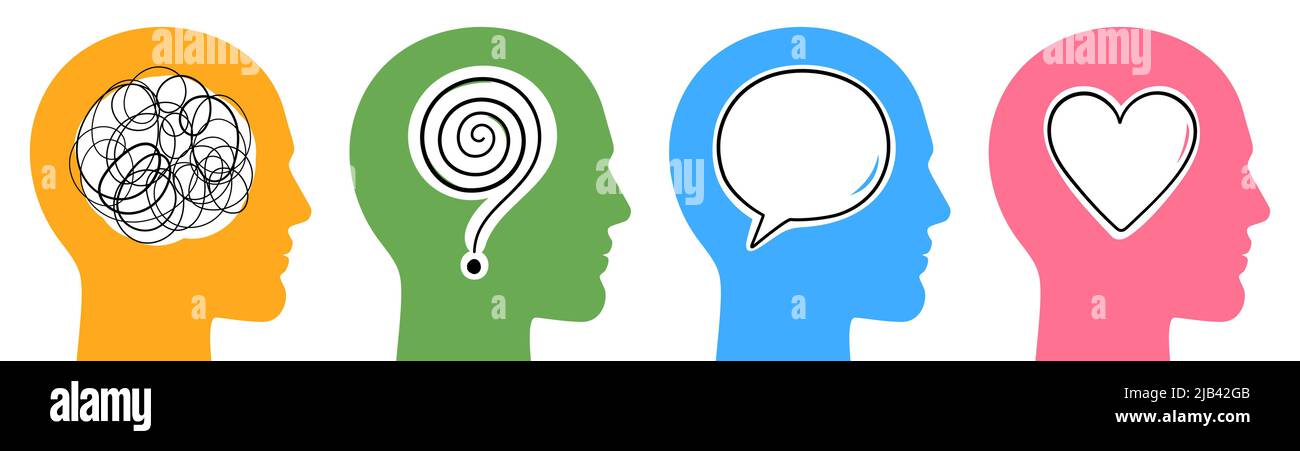 Collection of colorful human heads with different emotional symbols ...