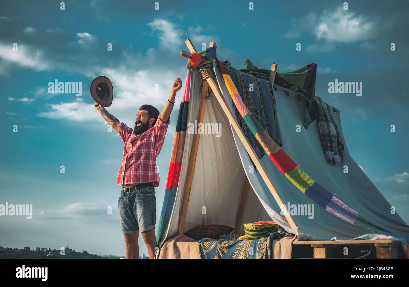 Handsome bearded man inside camping tent. Camping. Go Ape Adventure ...