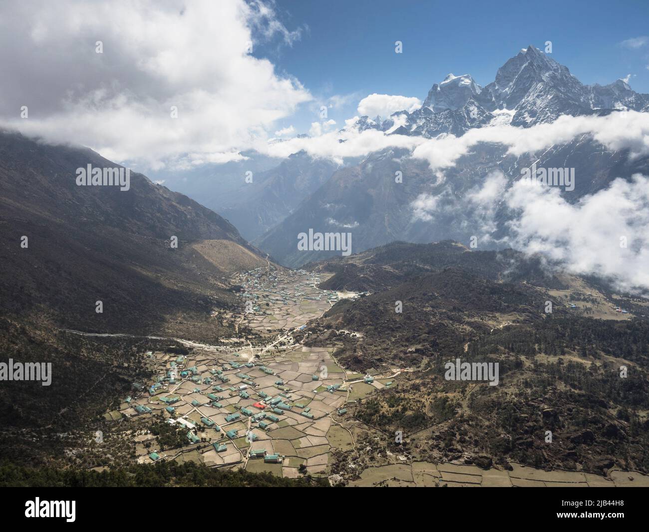The twin sherpa villages of Khunde and Khumjung with Kantega (6783m ...