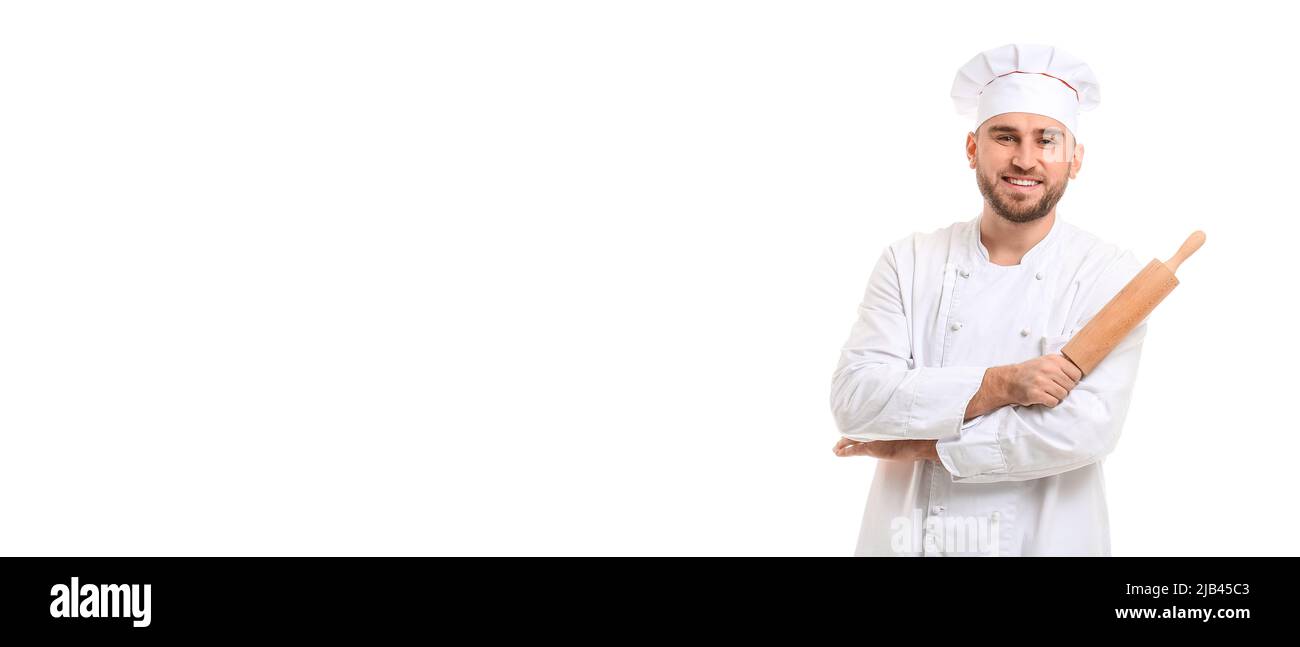 Handsome male chef on white background with space for text Stock Photo ...