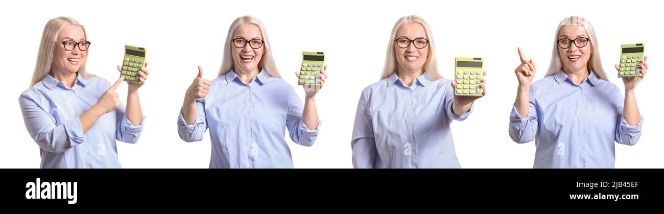 Set of mature woman with calculator on white background Stock Photo - Alamy
