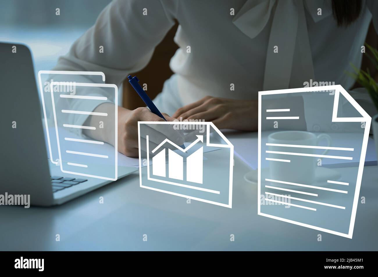 Young secretary with digital files on virtual screen in office Stock ...