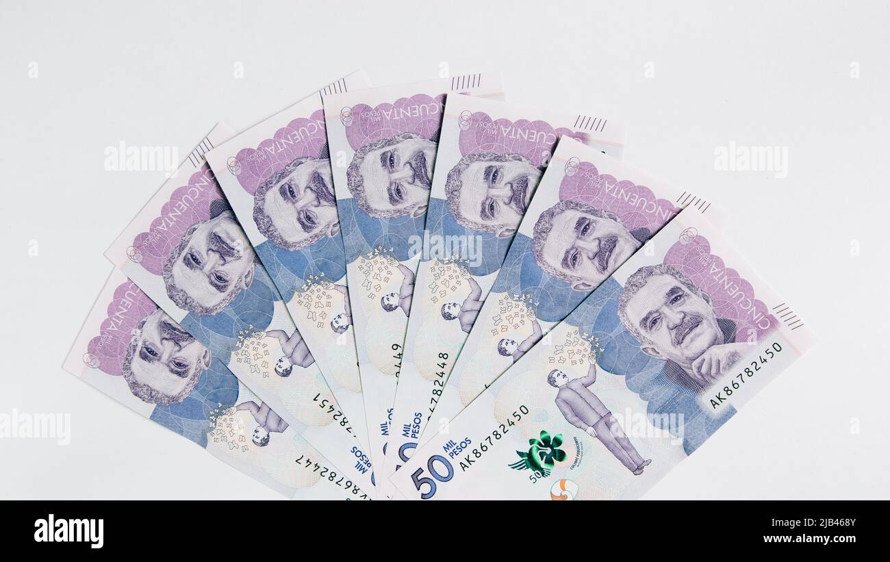 colombian money, fifty thousand pesos on white background Stock Photo ...