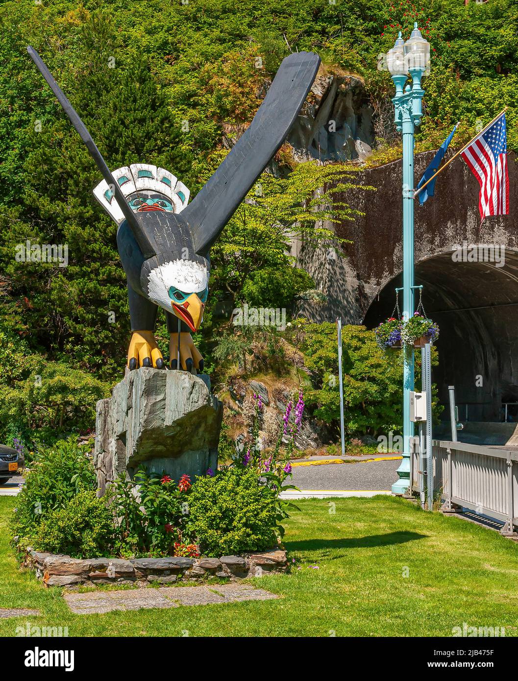 Ketchikan, Alaska, USA - July 17, 2011: Closeup of Eagle totem pole in ...