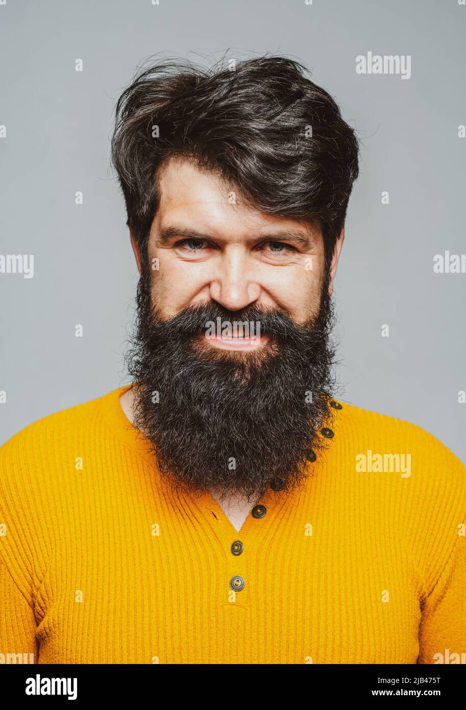 Bearded man smile face. Handsome smiling guy. Positive facial ...