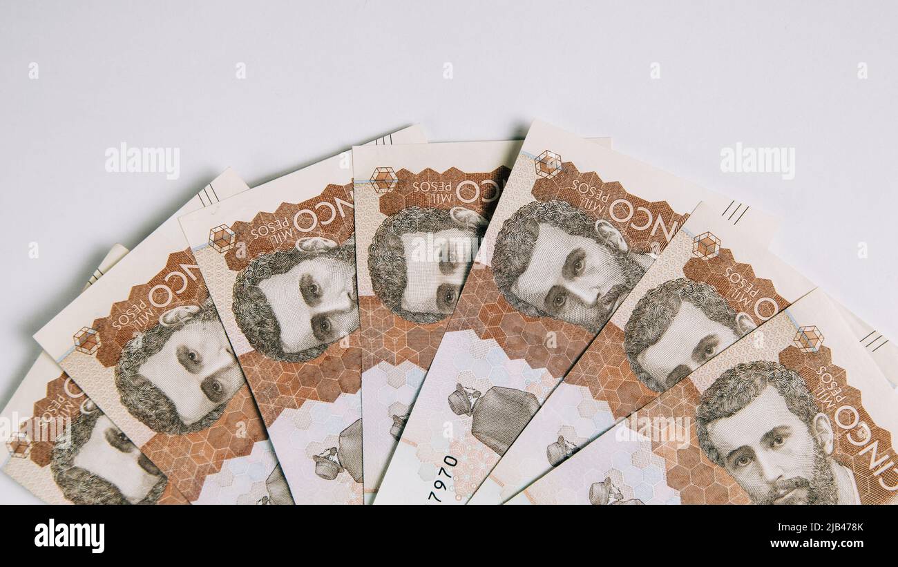 colombian money, five thousand pesos on white background Stock Photo ...