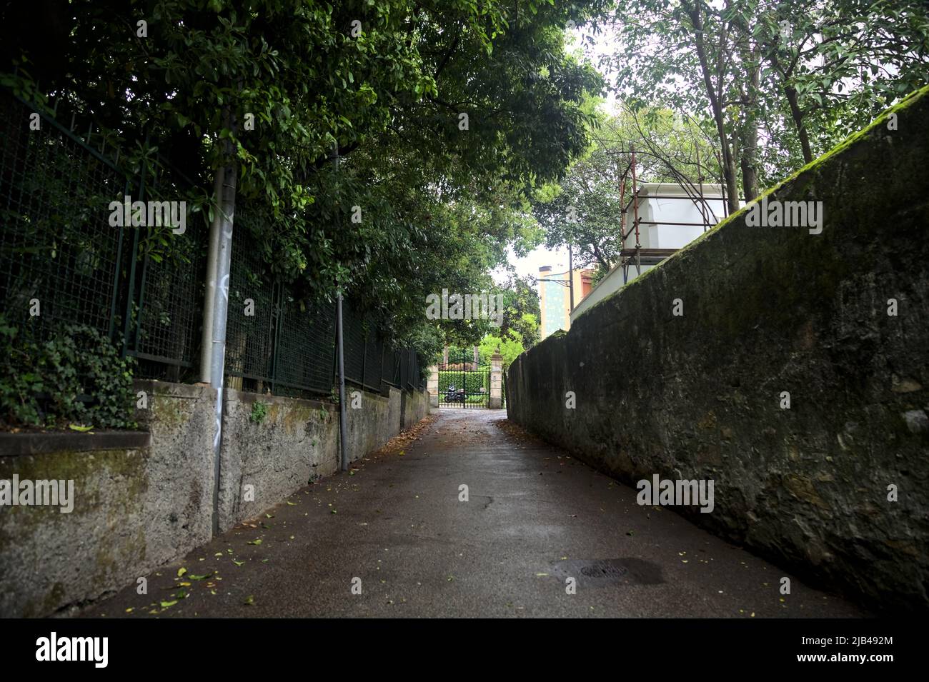 Side road bordered by concrete walls and trees with a gate at the end ...