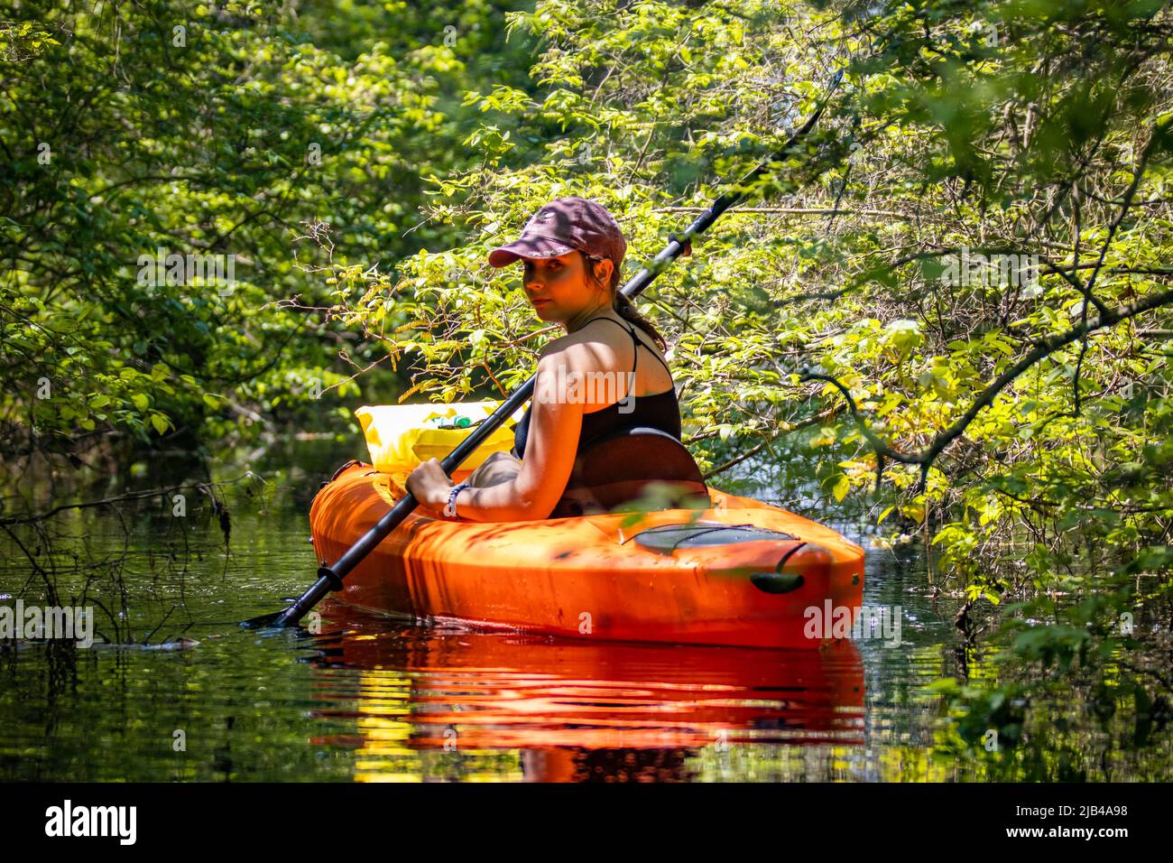 Young attractive girl paddling in canoe still water sunny day Stock ...