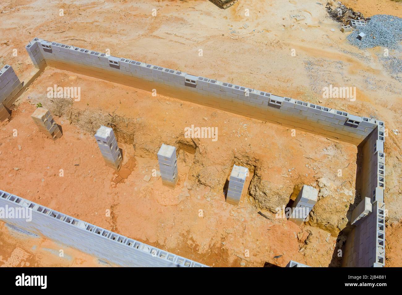 Block wall foundation from a new family house on construction site ...