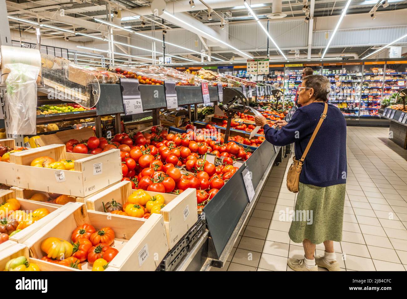 Interior of Super U French Supermarket, fresh food with customer in ...
