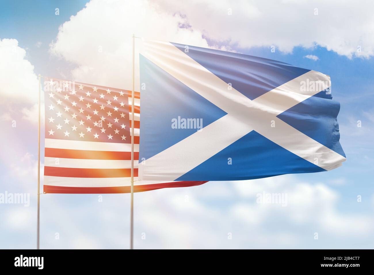 Sunny blue sky and flags of scotland and usa Stock Photo - Alamy