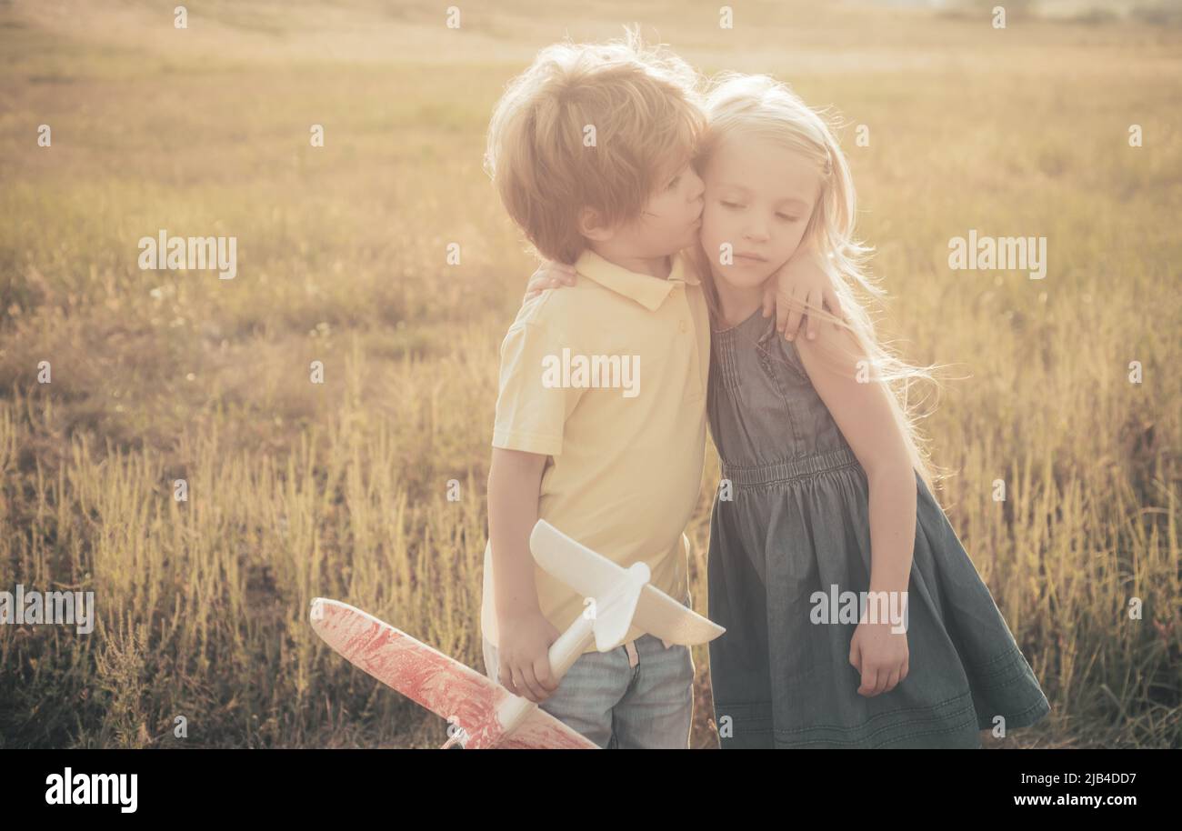 Valentines day concept. Kids kiss. Love story for cute children. The ...