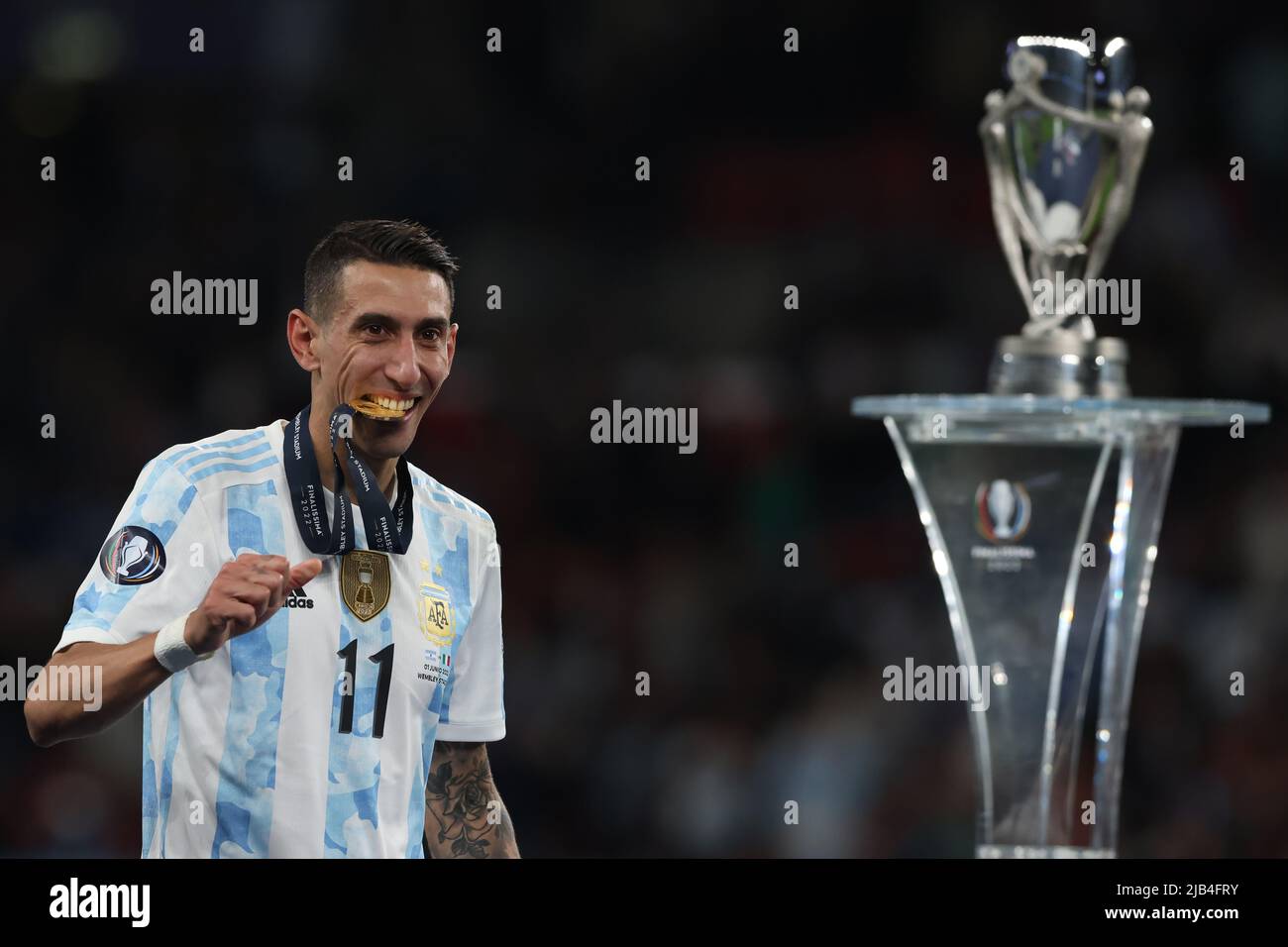 London, England, 1st June 2022. Angel Di Maria of Argentina reacts ...