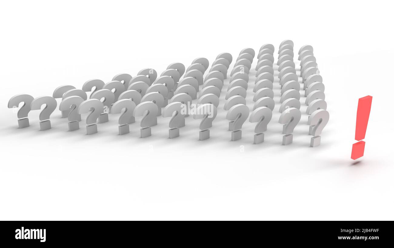 3d render of a row of question marks with a red exclamation mark on a ...
