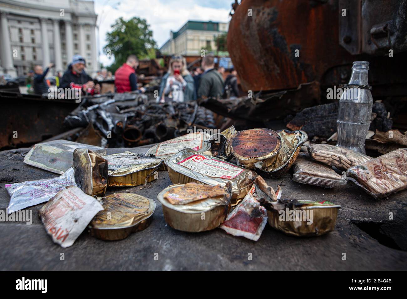 A view of Russian food rations displayed on top of a tank in central ...