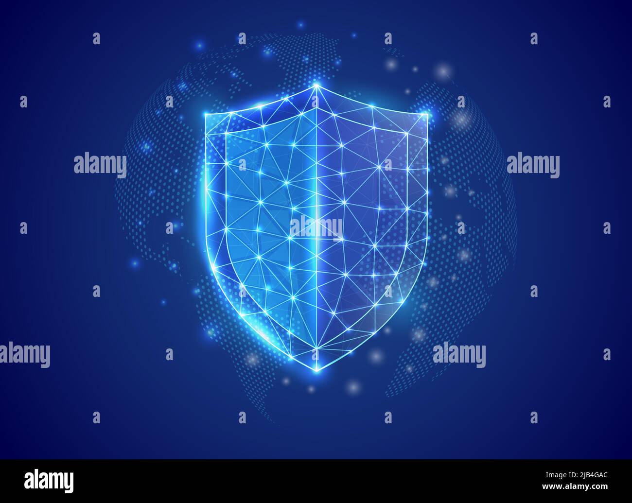 Shield 3d low poly symbol with blue world map background. Antivirus ...