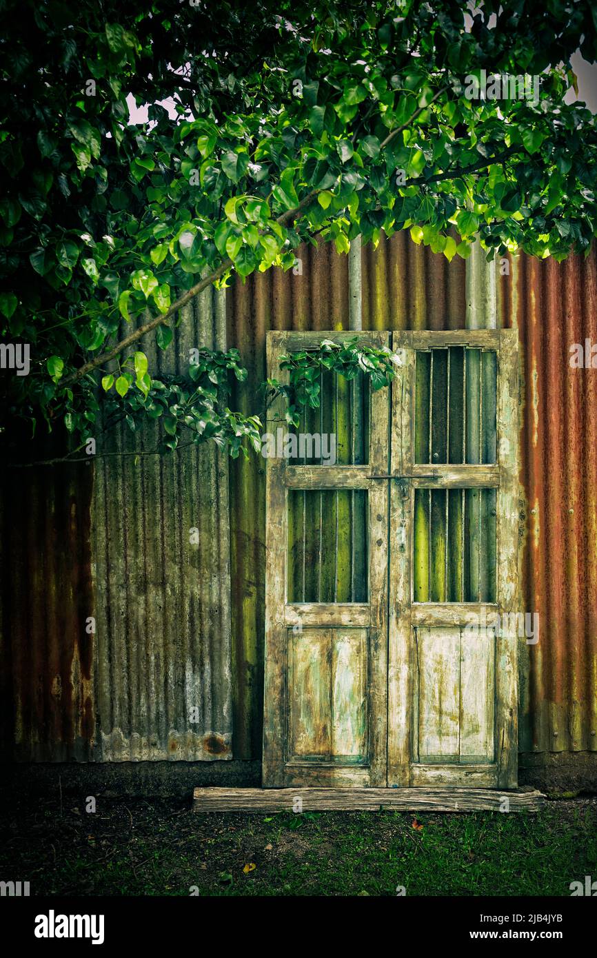 A barn door resting against the shed wall Stock Photo - Alamy