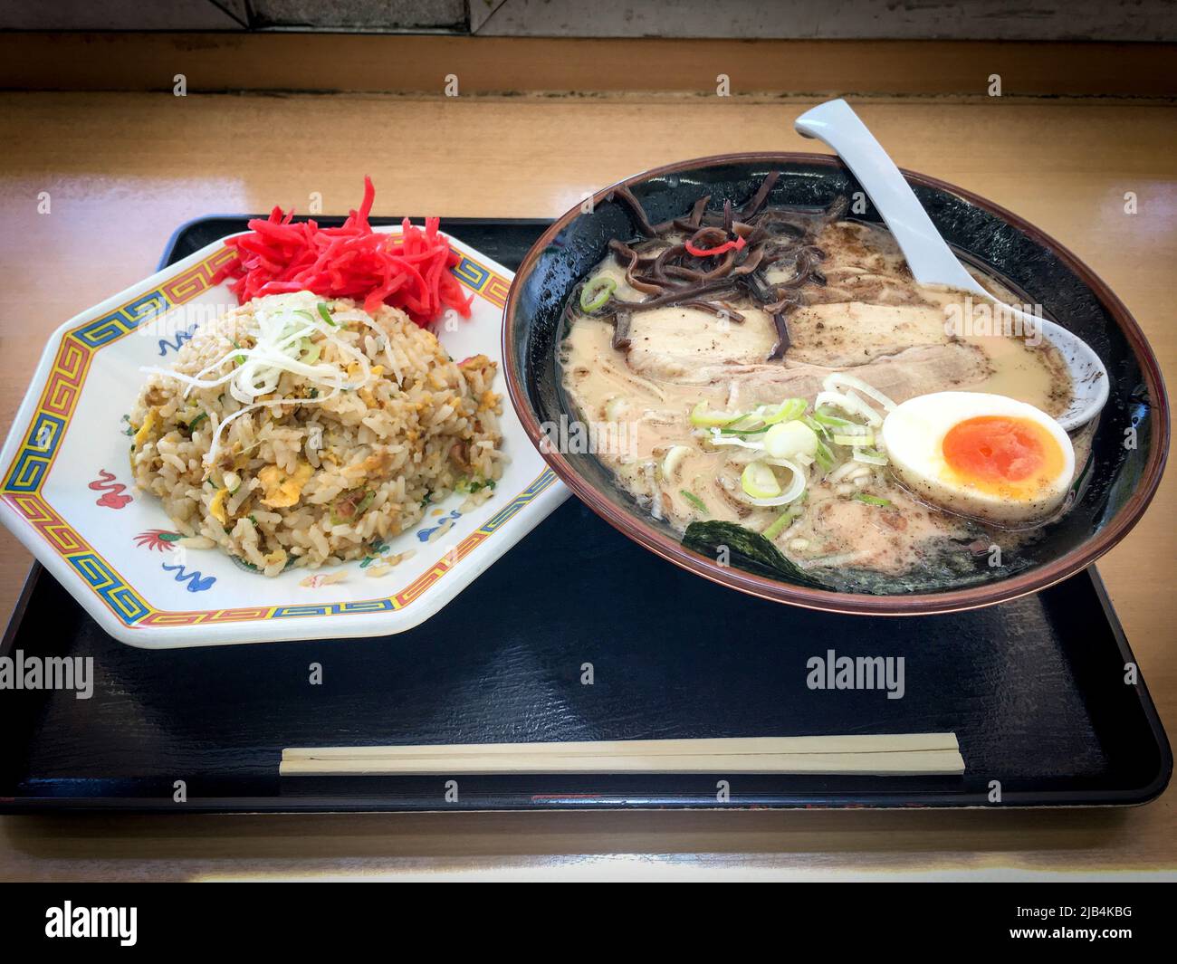 Fukuoka-style Japanese Tonkotsu ramen with fried rice with Beni shoga ...