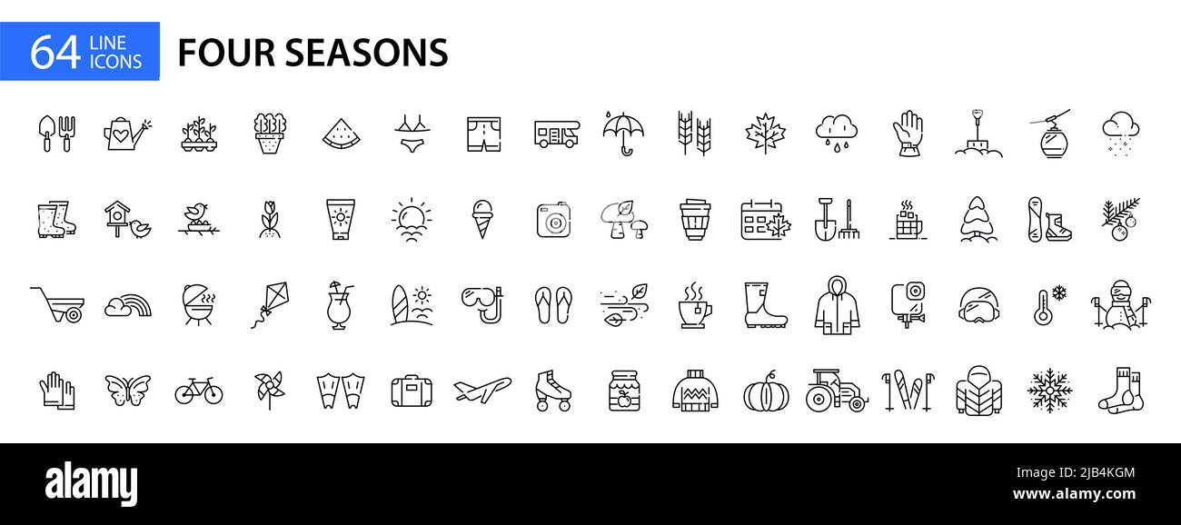Four seasons icons set. Spring, summer, autumn and winter. Pixel perfect, editable stroke line ...