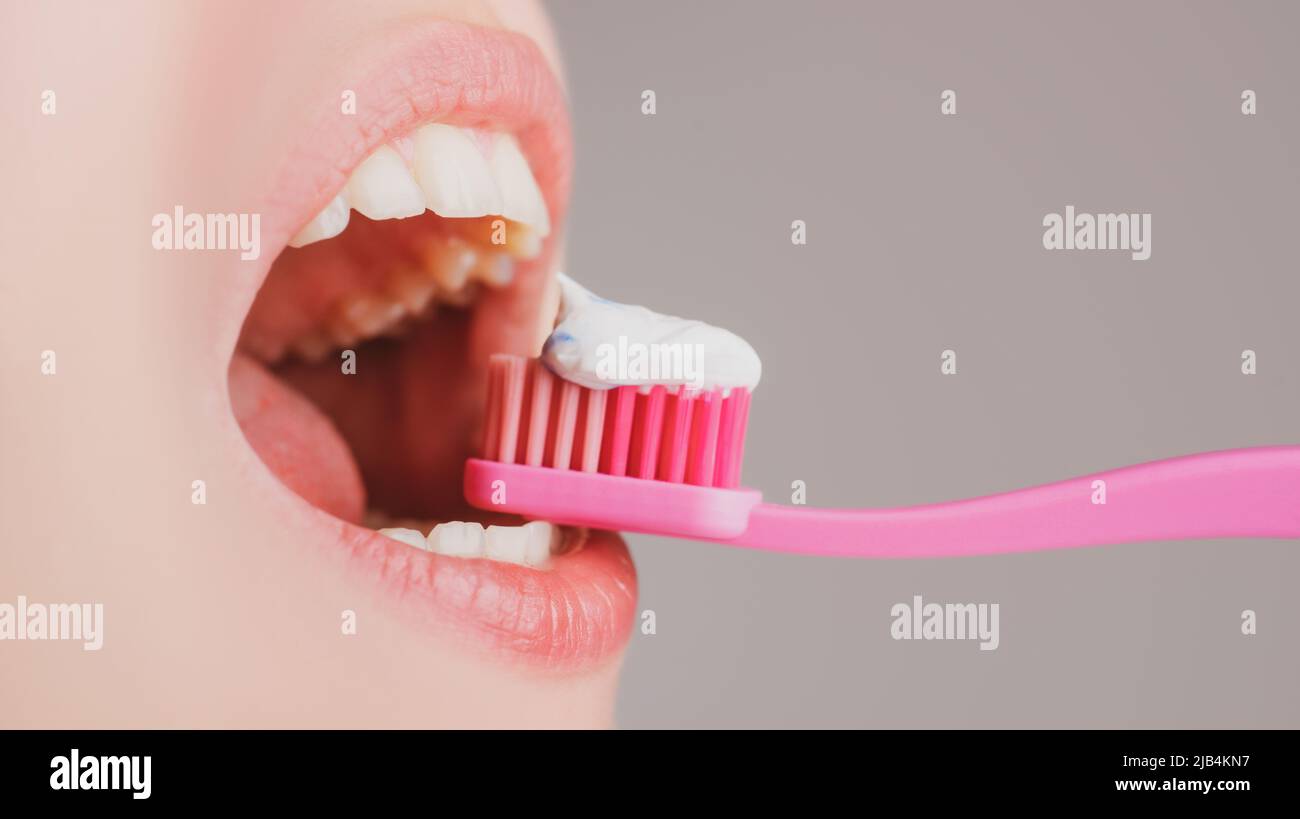 Brushing teeth close up. Woman with toothbrush closeup. Dental Care ...