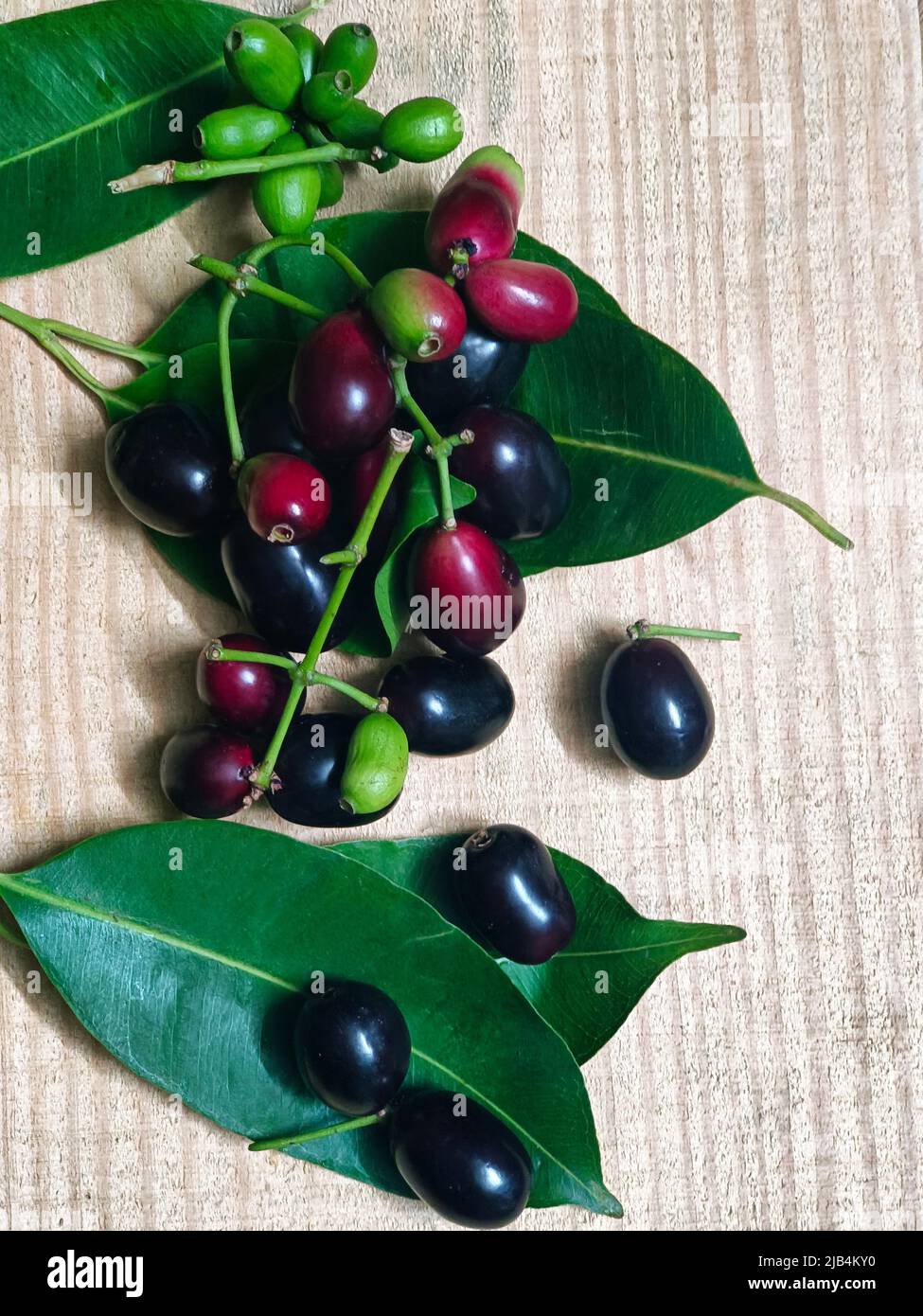 Fresh Jambolan plum or Java plum (Syzygium cumini) with leaf on wooden ...