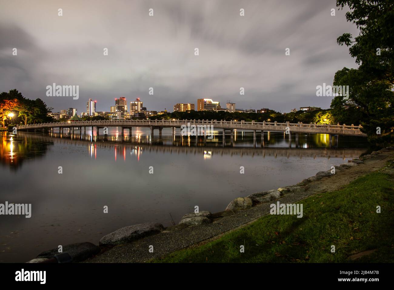 Ohori Park in cloudy day in dark mood, Fukuoka, Japan. The present park ...