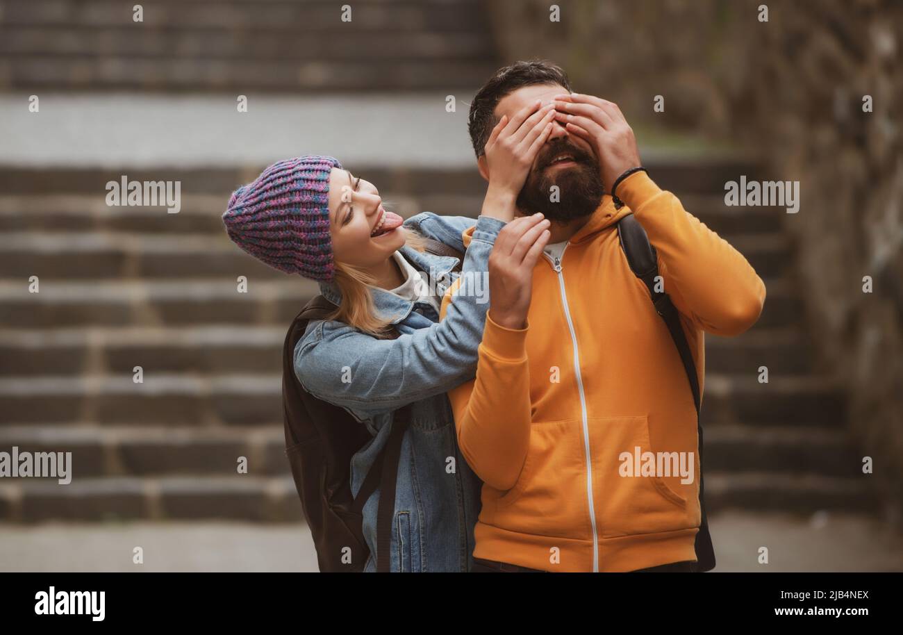 Young Couple In Love Spends Time Together Man Embracing And Going To