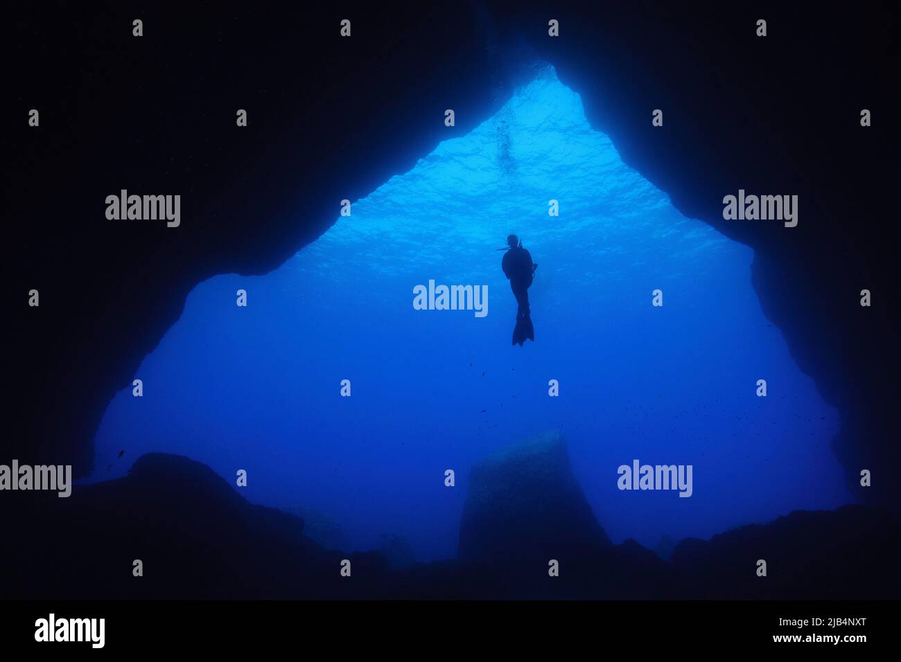 Diver floating in open water in front of large cave entrance of ...
