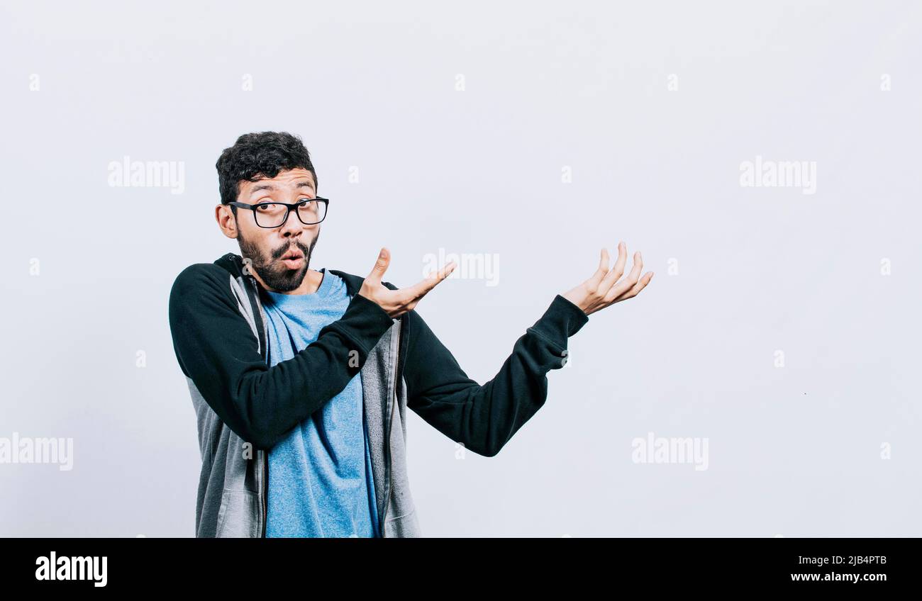 Person pointing palms to the side, Shocked people pointing both hands ...