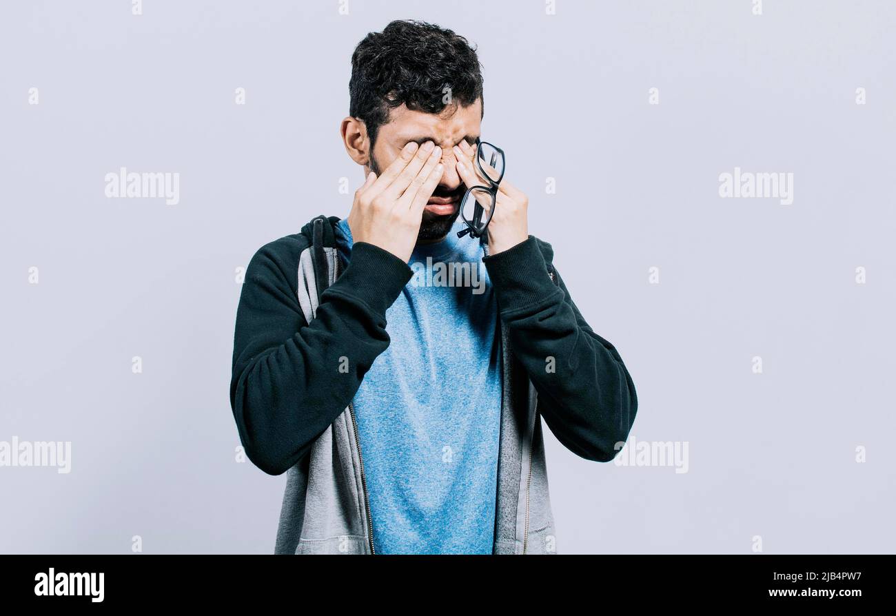 Person with visual fatigue isolated, Man with glasses with visual ...