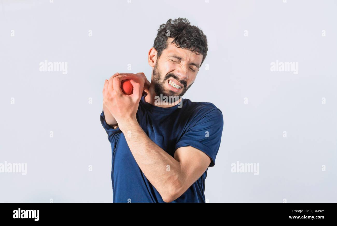 Man with elbow cramp, Person with elbow pain isolated, concept of a man ...
