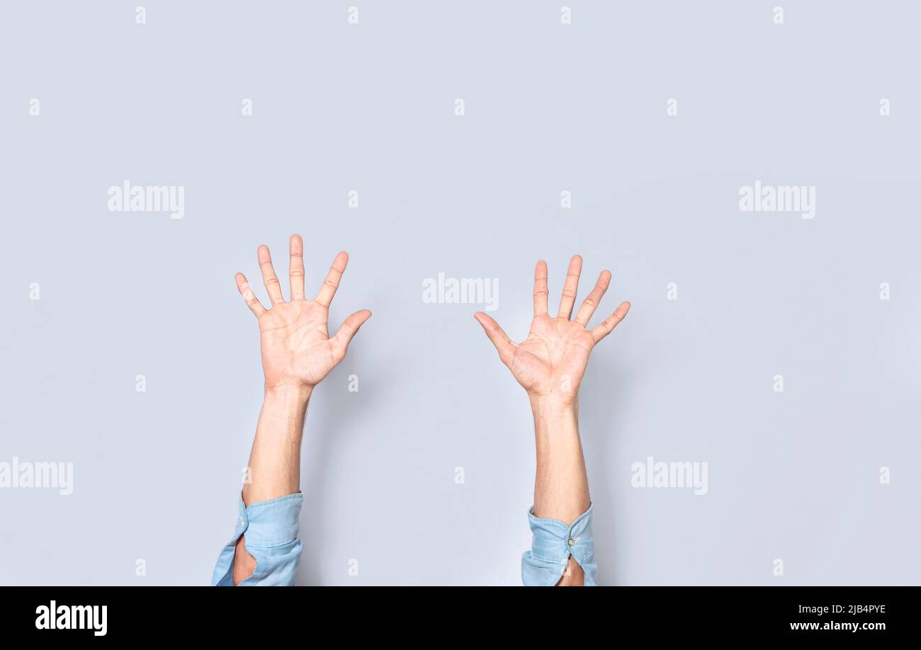 Man hands counting five, fingers counting five, hand fingers counting five on isolated ...