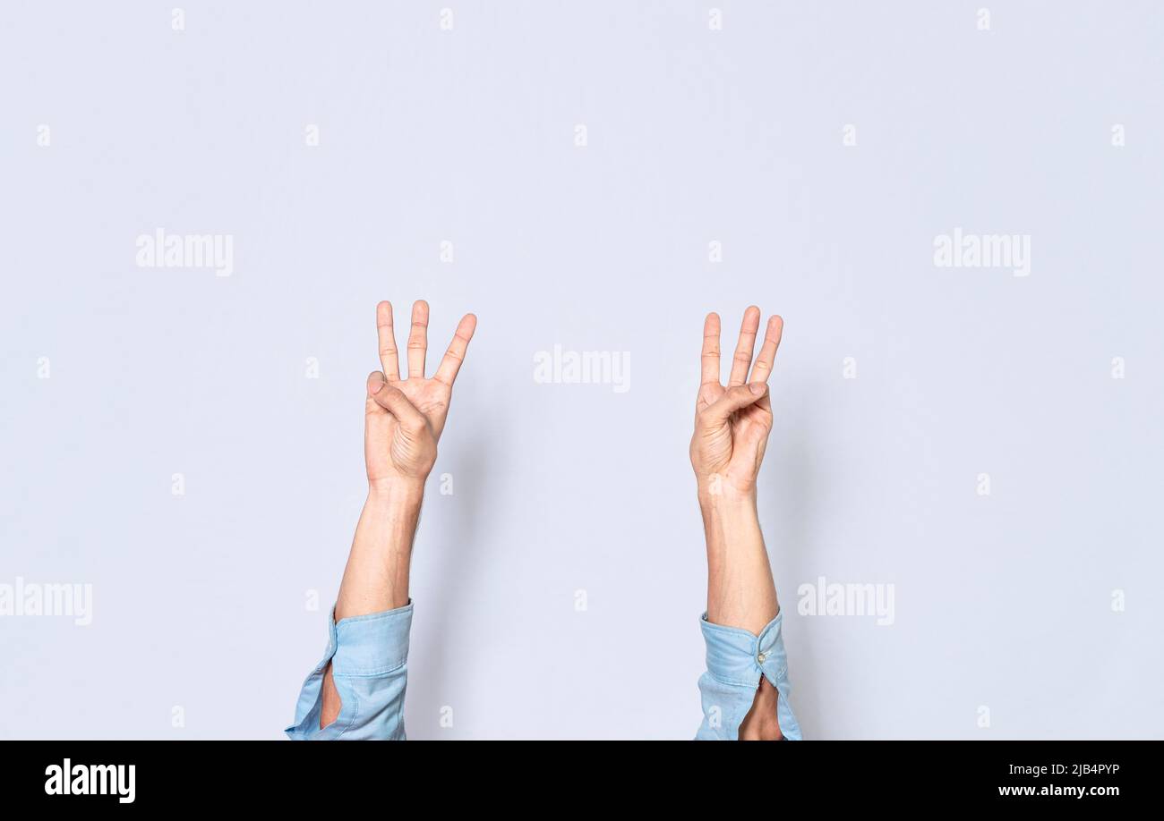 Hands counting three, fingers counting three, hand fingers counting three on isolated background ...