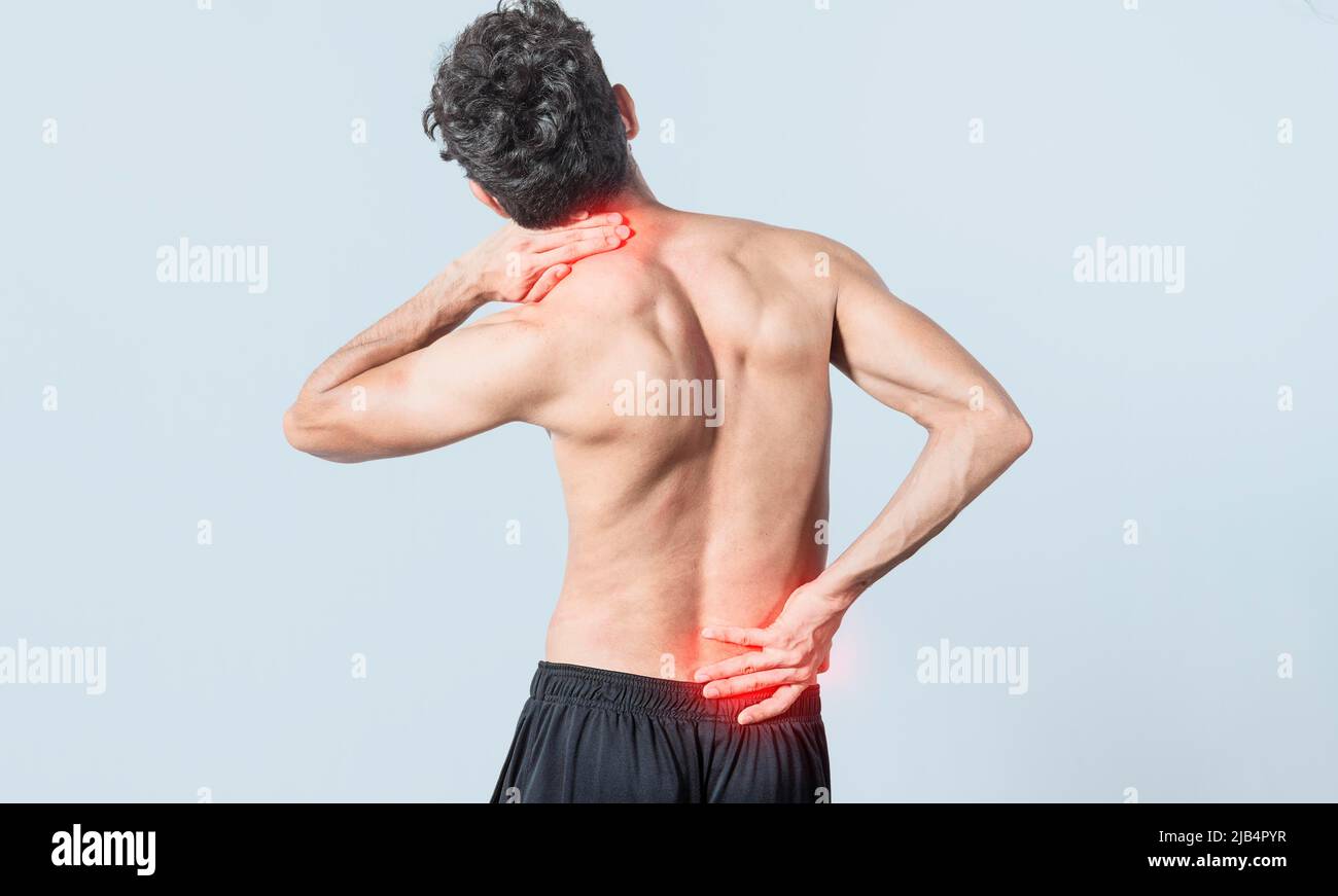 Neck and back pain concept, man with neck and back muscle pain, Close ...