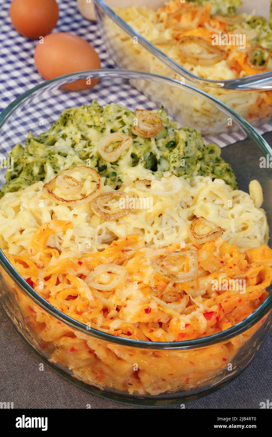Swabian cuisine, spaetzle casserole, three types of spaetzle baked with ...