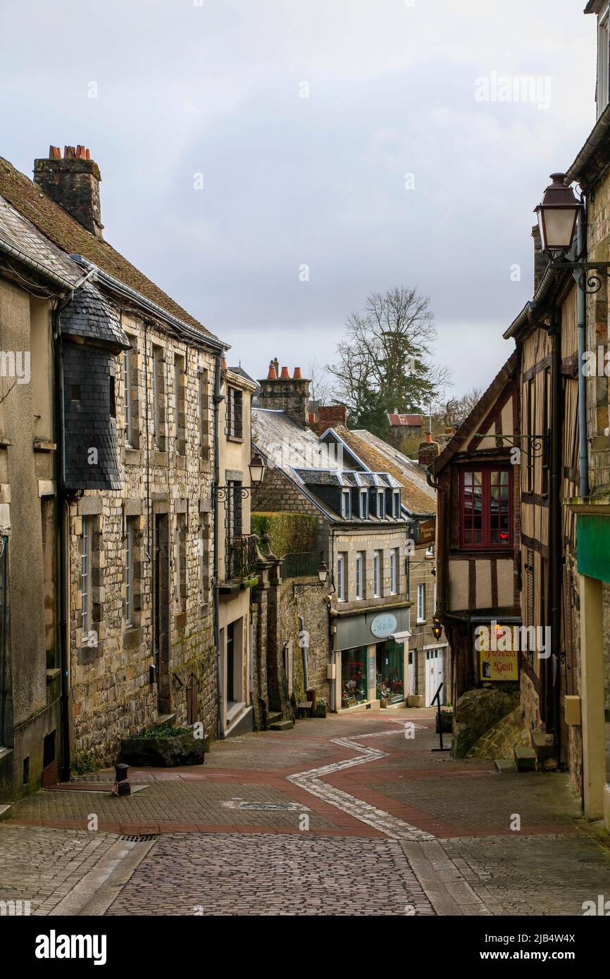 Grande Rue, medieval old town of Domfront, Domfront en Poiraie, Orne ...