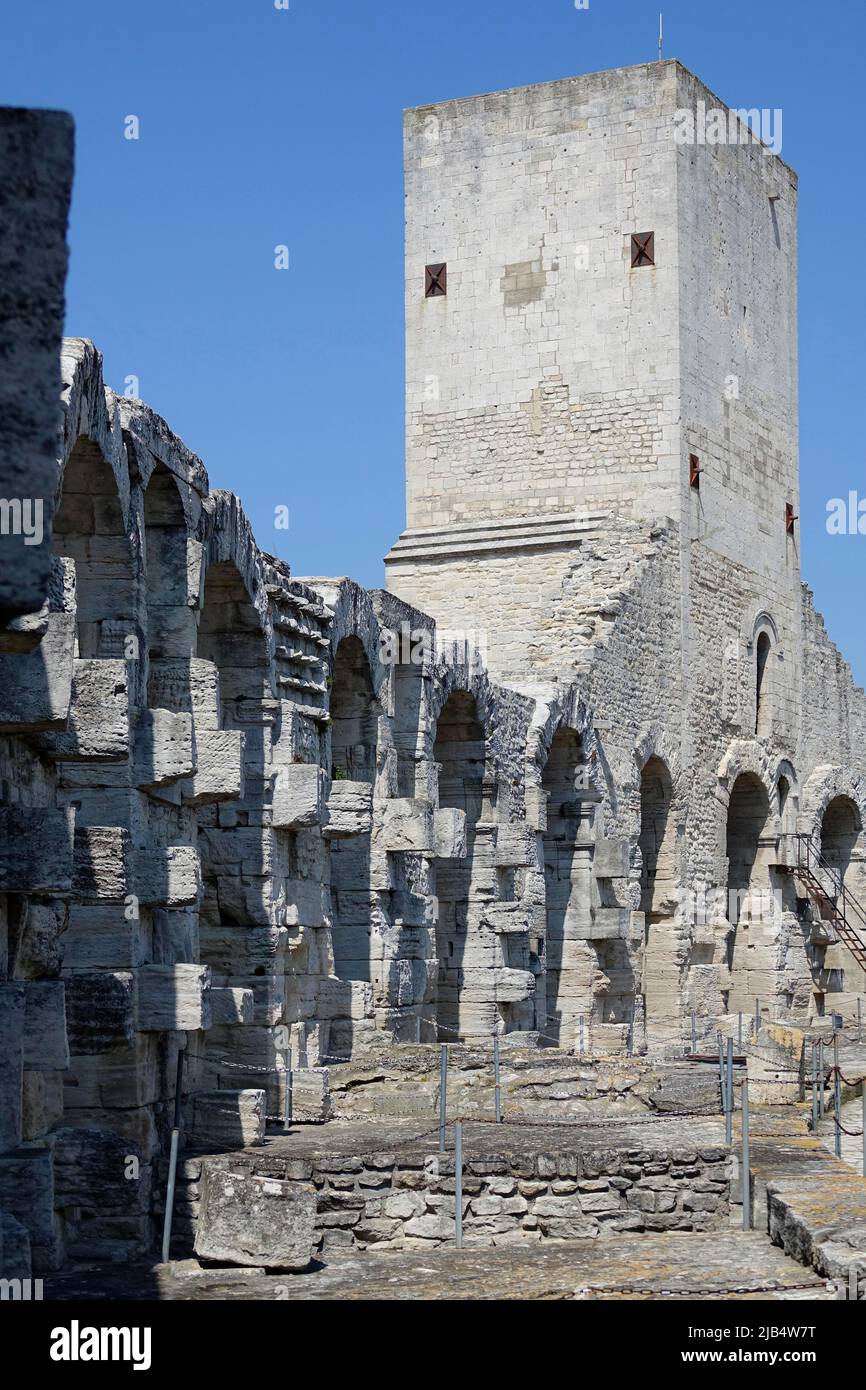 Roman arena amphitheatre with preserved medieval tower, Arles, Bouches ...
