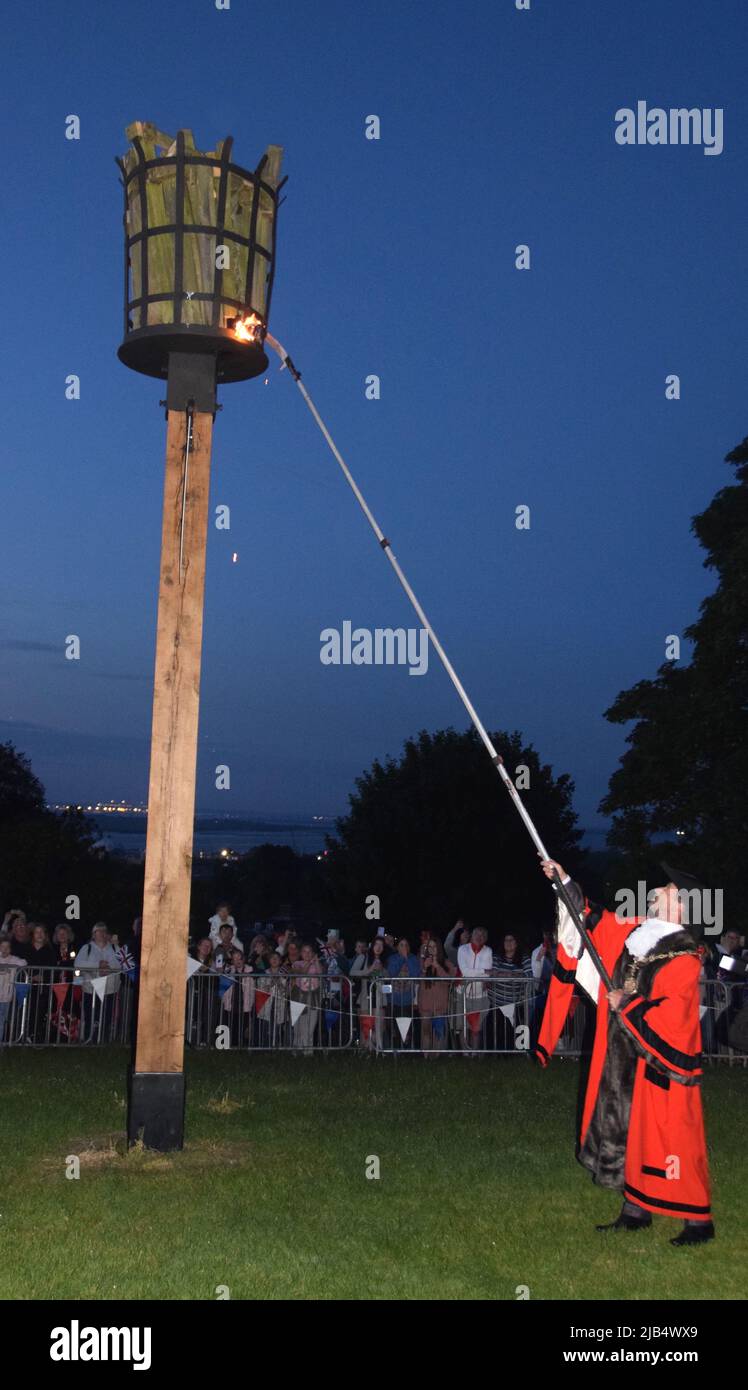 02/06/2022 Gravesend UK The beacon on Windmill Hill Gravesend was lit ...