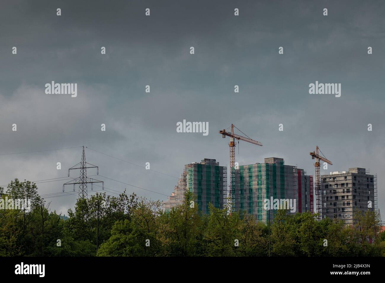 Construction site of a city block buildings or skyscrapers. Visible ...